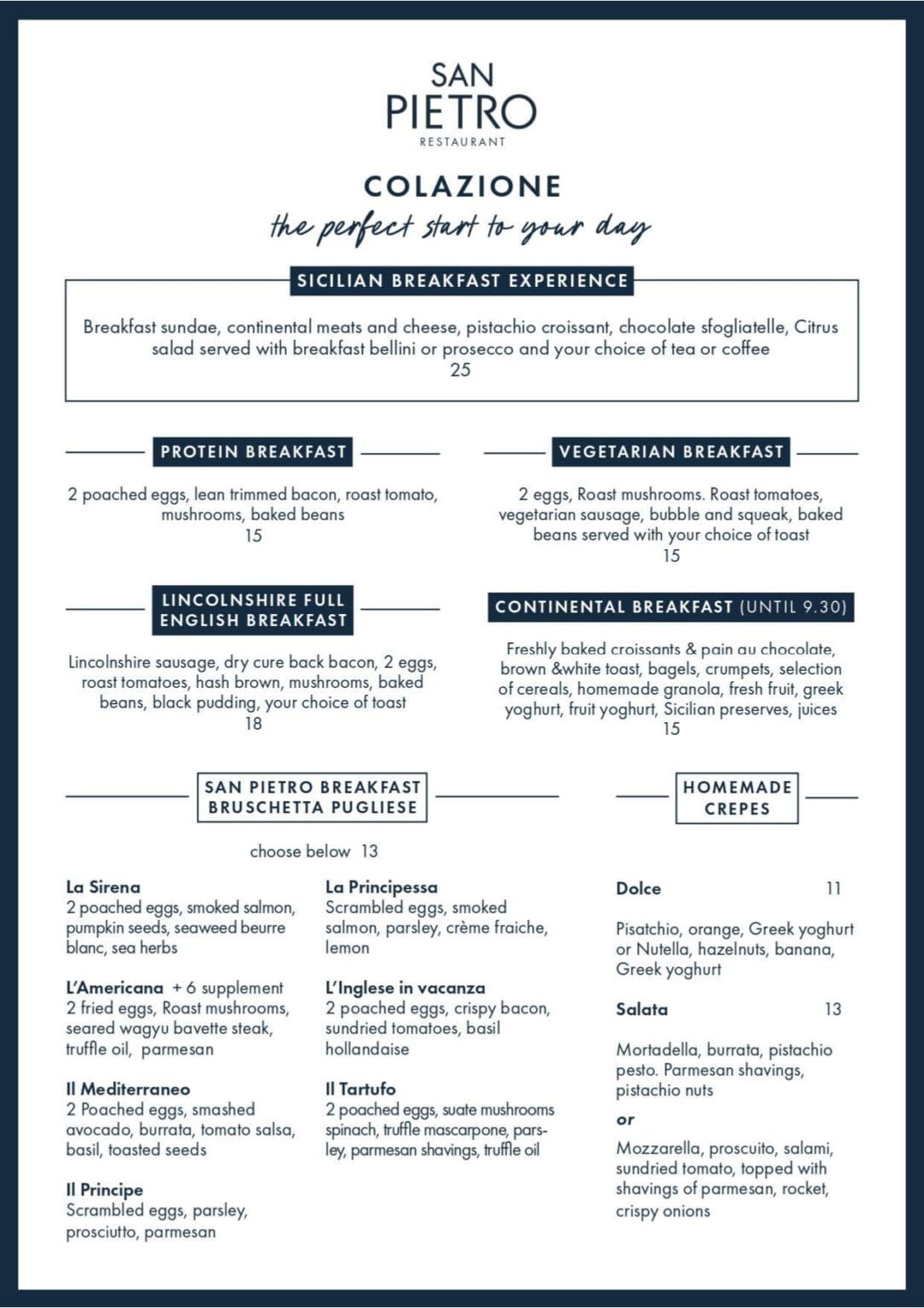 Breakfast Menu - San Pietro Restaurant Lincolnshire